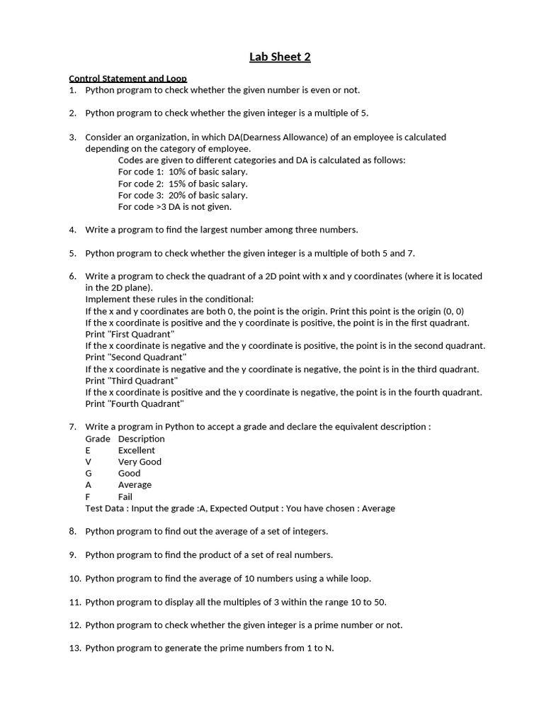Lab Sheet 2 (Control Statement) | PDF | Numbers | Python (Programming ...