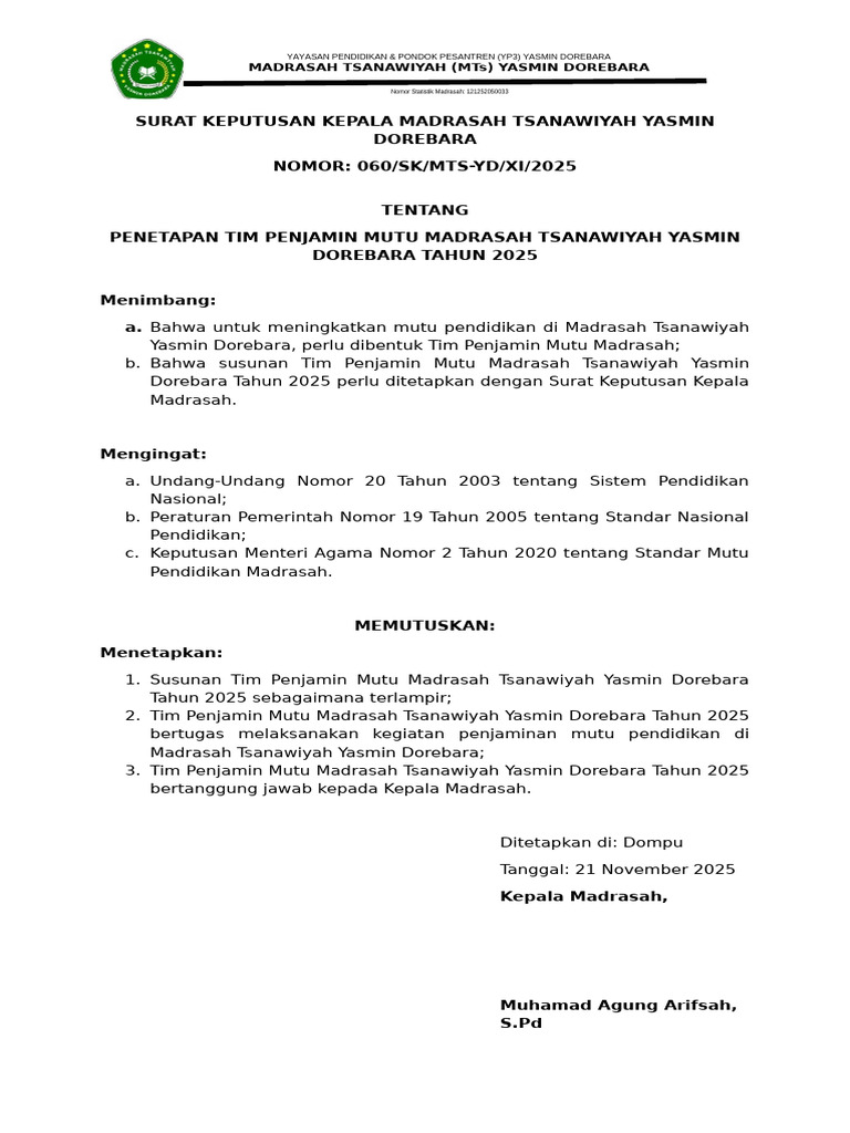 Tim Penjamin Mutu MTs Yasmin 2025 | PDF