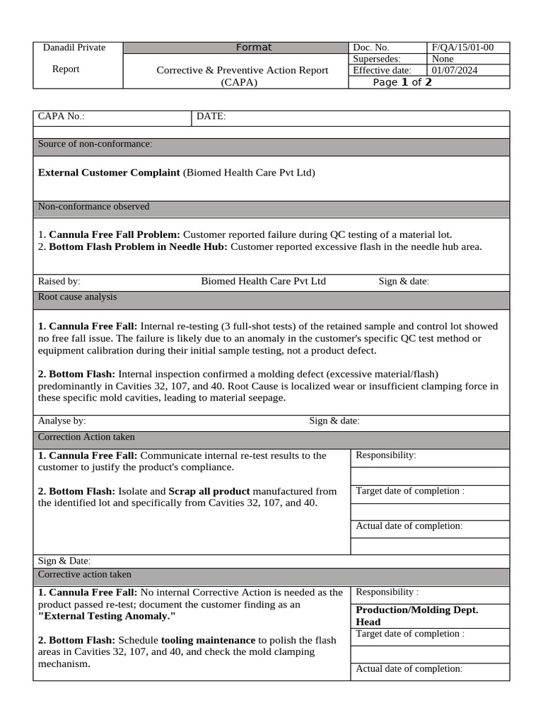 Corrective & Preventive Action Report (CAPA) F-QA-15!01!00 | PDF | Quality