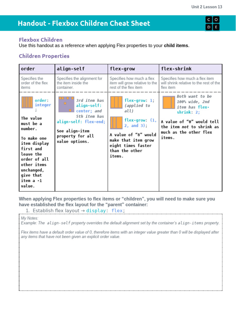 U2L13 Flexbox Children Cheat Sheet Handout | PDF | Computer Programming | Software Engineering