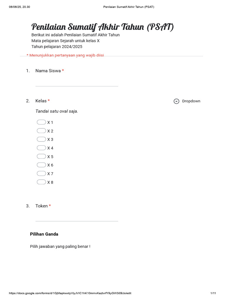 Naskah Soal Penilaian Sumatif Akhir Tahun (PSAT) SEJARAH Kelas X_2025_Sri haryanti | PDF