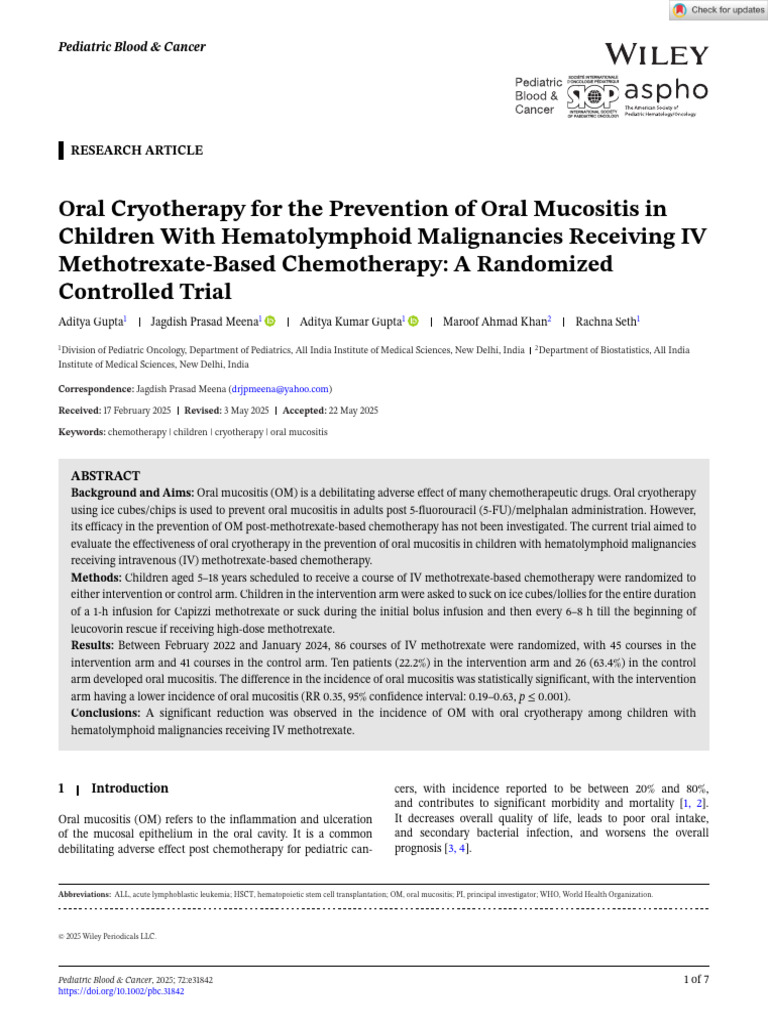 Oral Cryotherapy Reduces Mucositis in Kids | PDF | Chemotherapy ...