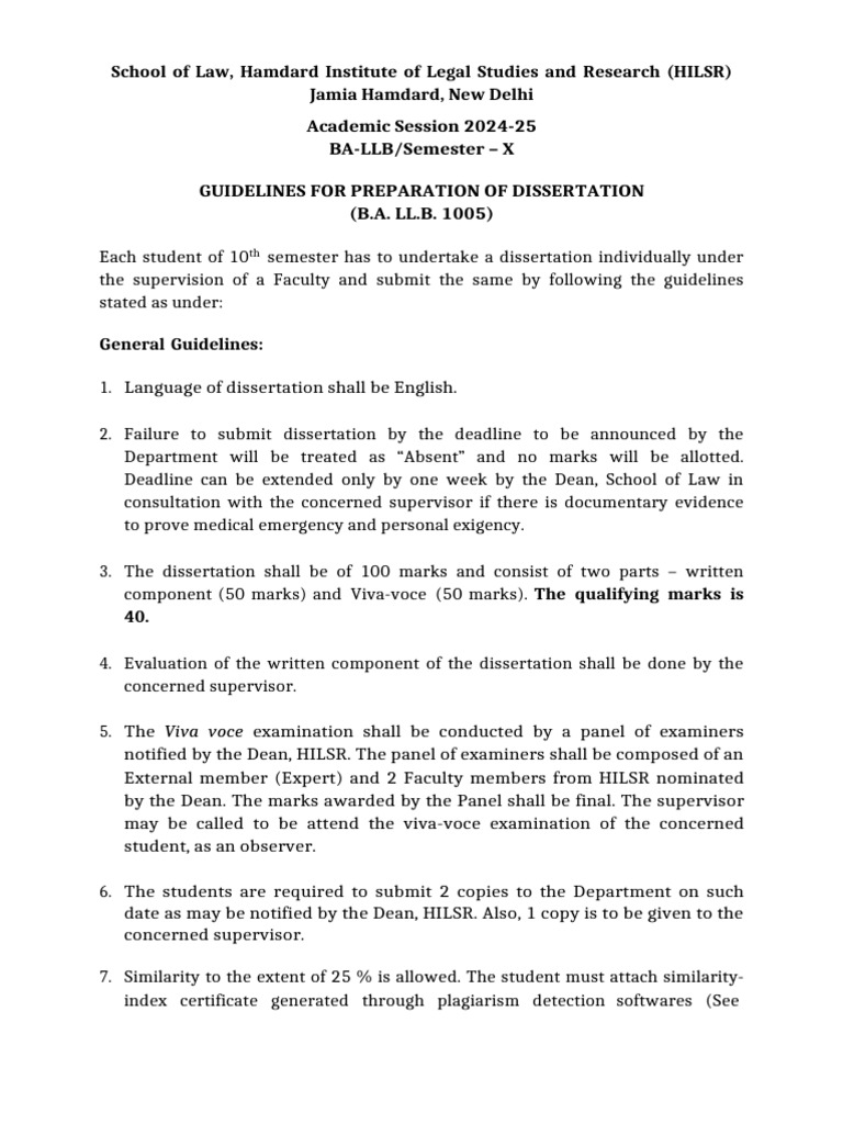 HILSR BA-LLB Dissertation Guidelines 2024 | PDF | Thesis | Law School