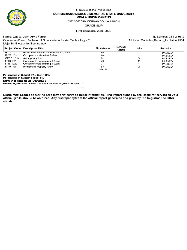 Grade Slip | PDF