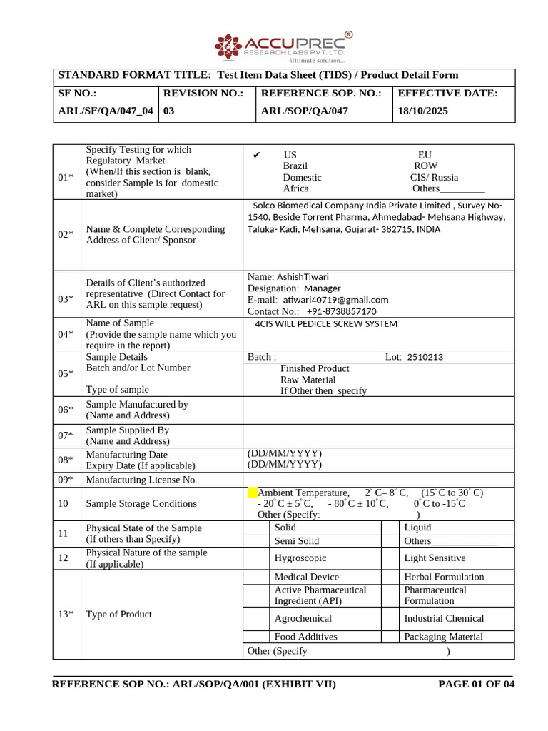 Test Item Data Sheet for Medical Devices | PDF | Verification And ...