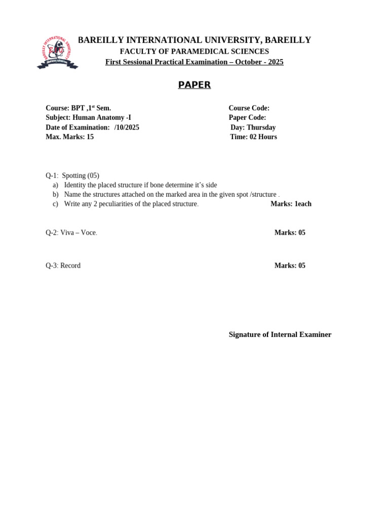 Practical Question Paper BIU | PDF