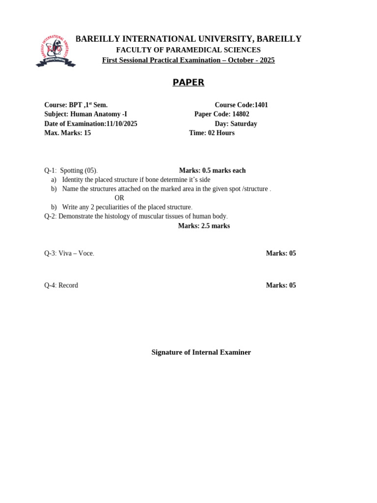 Practical Question Paper Anatomy BIU | PDF