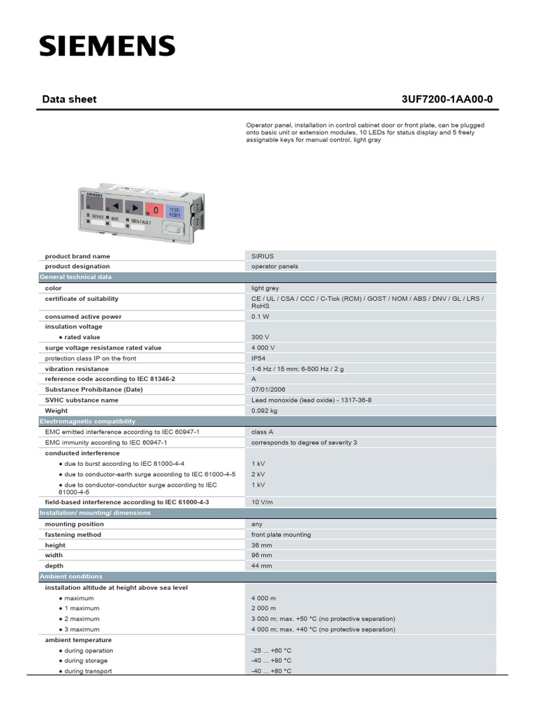 Siemens SIRIUS Operator Panel Data Sheet | PDF | Electromagnetic ...