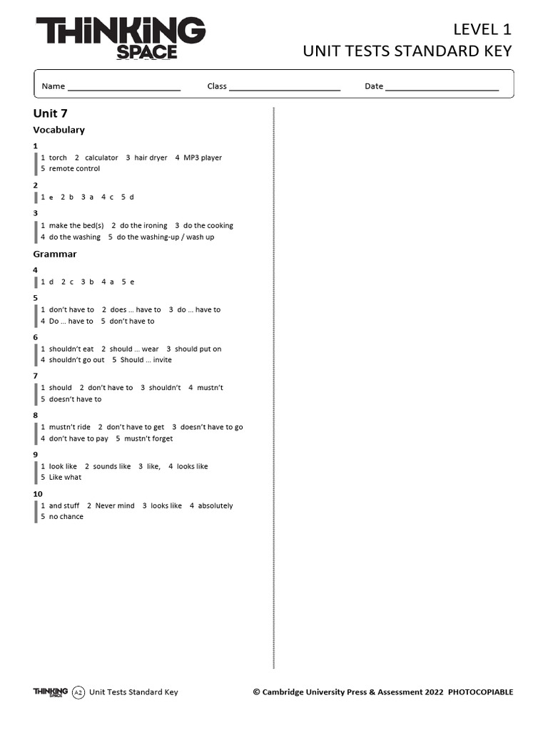 THKSP A2 Unit Test Standard Answer Key 7 | PDF