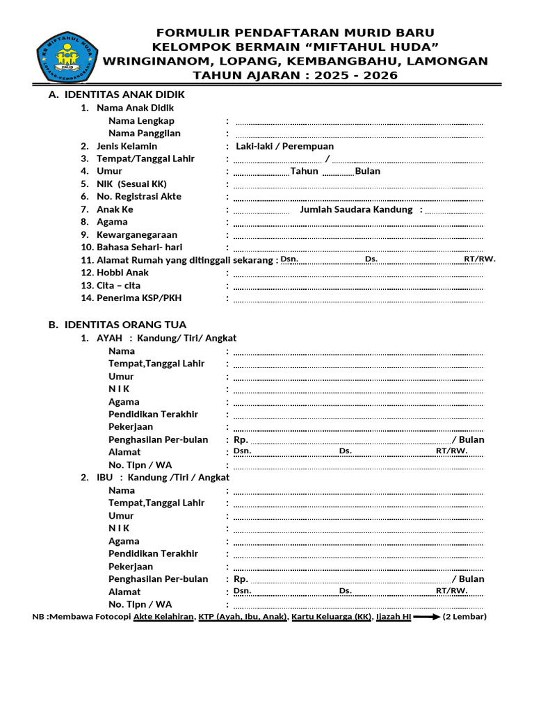 Formulir Pendaftaran Murid Baru New | PDF