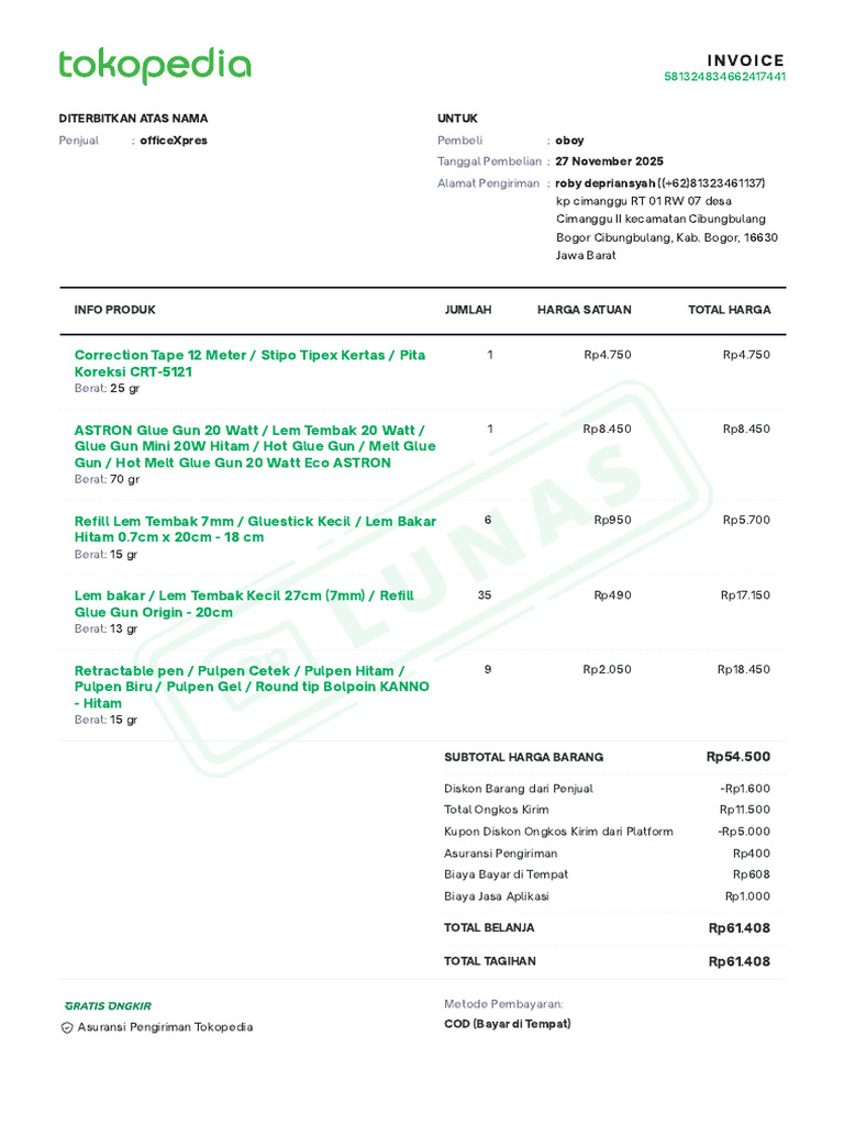 Invoice Pembelian Alat Tulis Tokopedia | PDF