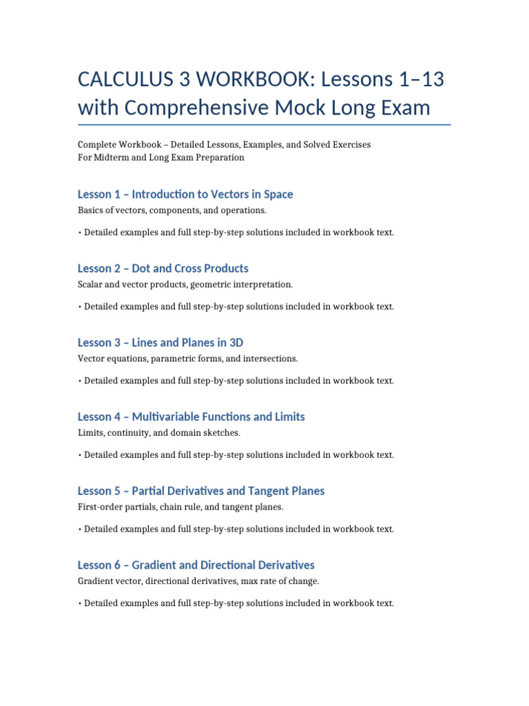 Calculus 3 Workbook Lessons 1 To 13 With Mock Long Exam | PDF ...