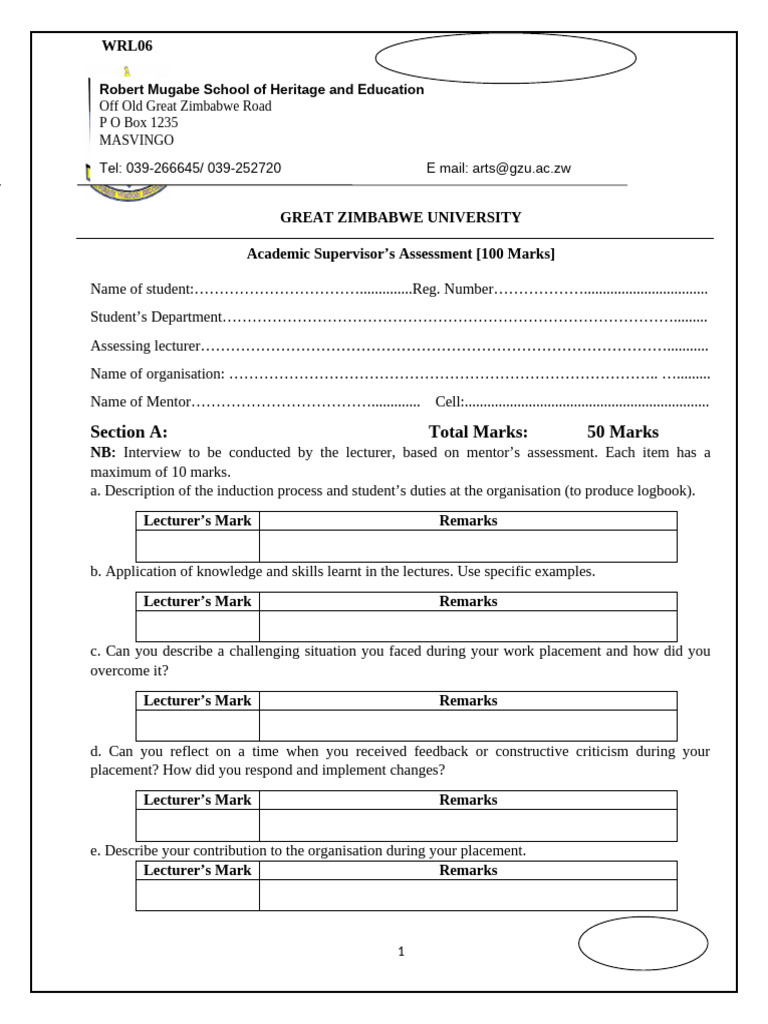 Wrl06 Academic Supervisor's Assessment Form-1-1 | PDF | Cognitive ...