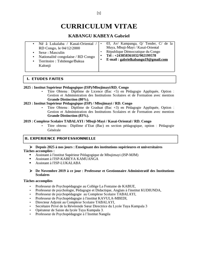 CV de Gabriel Kabangu Kabeja | PDF | Pédagogie | Psychologie