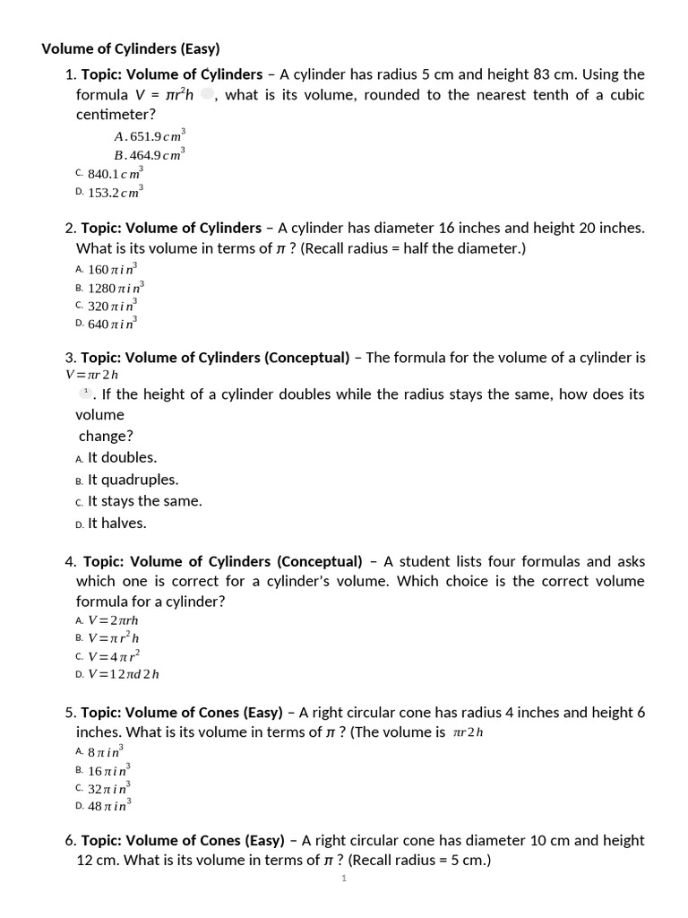 Volume of Cylinders (Easy) | PDF | Volume | Sphere