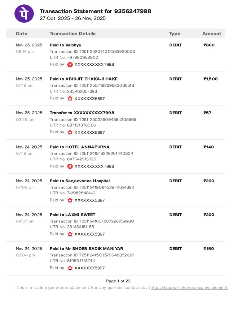 Transaction Statement for Nov 2025 | PDF | Credit Card | Debit Card