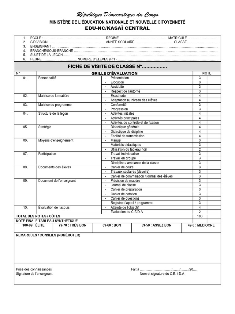 Fiche de Visite et Évaluation Pédagogique | PDF | Pédagogie