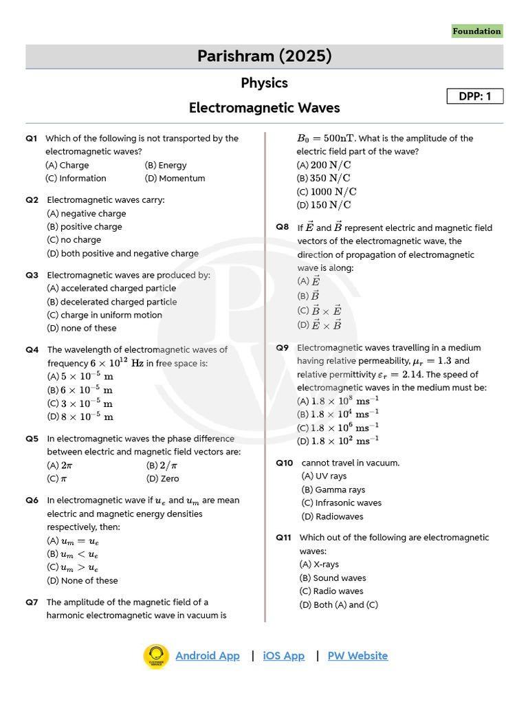 Electromagnetic Waves - DPP 01 - Parishram 2025 | PDF | Waves | Electromagnetic Radiation