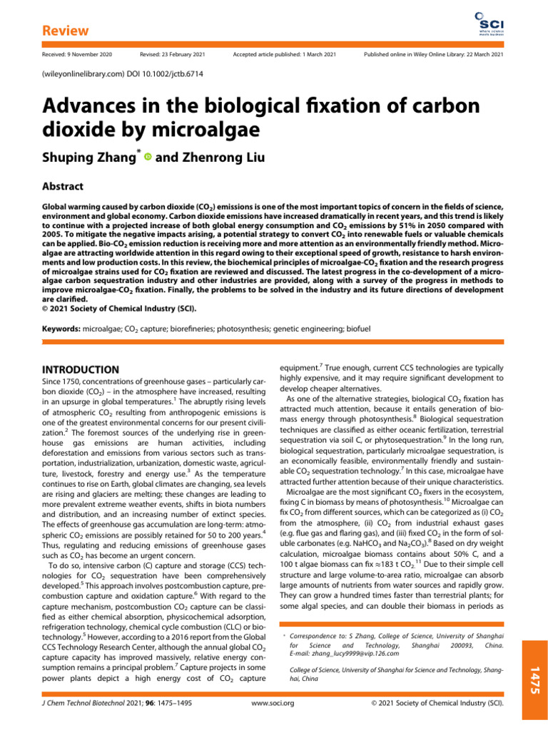 Advances in The Biological Fixation of Carbon Dioxide by Algae | PDF ...