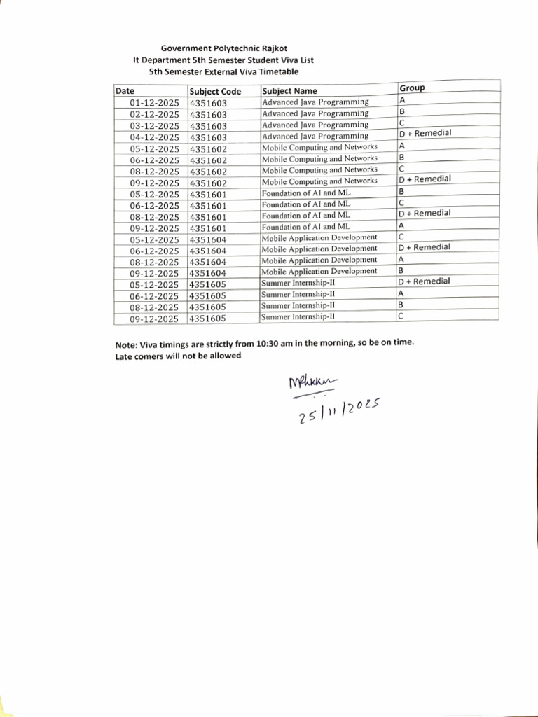 5th Regular and Remedial Viva Time Table | PDF