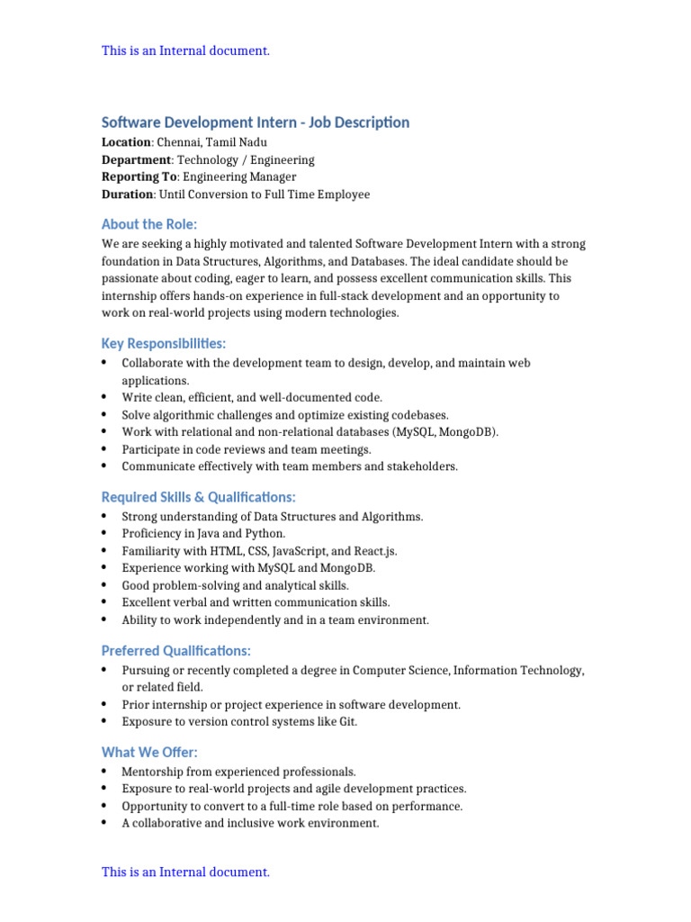 Software Development Intern Job Description | PDF