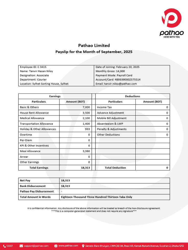 September 2025 Payslip for Tanvir Hasan | PDF | Paycheck | Payroll