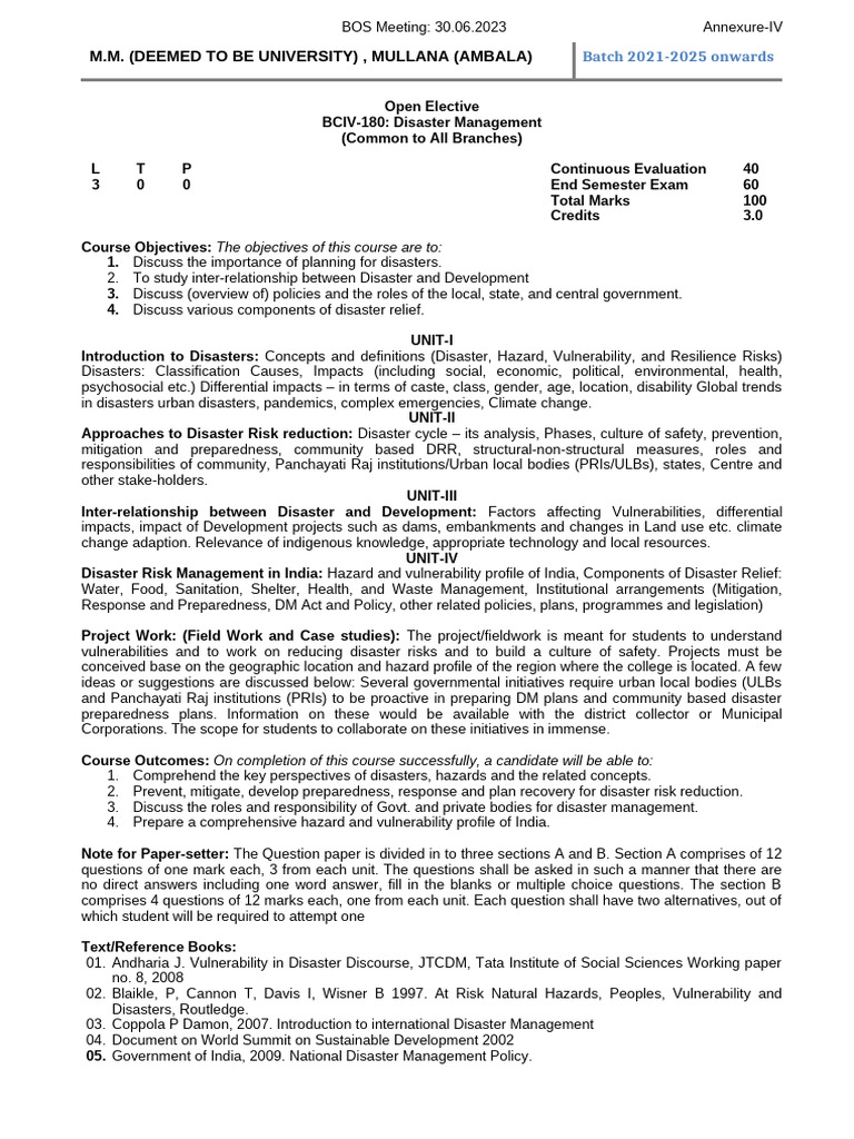Annexure-IV (Syllabus of Open Elective-I and II For Batch 2021-25 ...