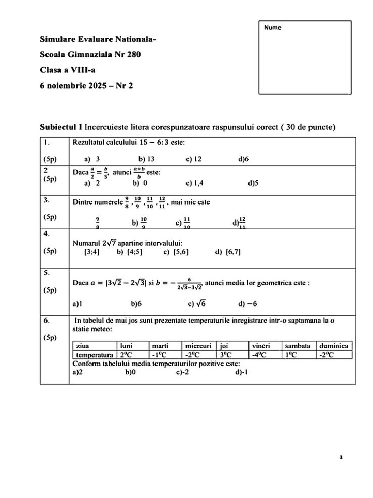 Simulare 2 Noiembrie Scoala NR 280 | PDF