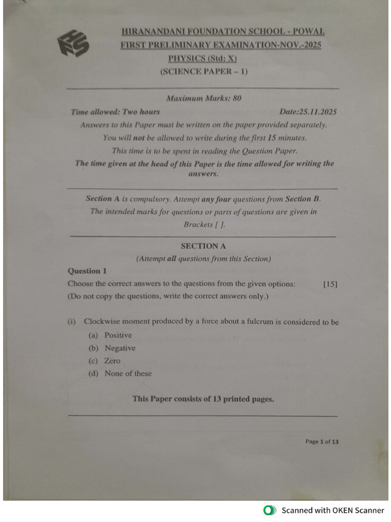 HFS Powai Physics 1st Prelims 2025-26 | PDF