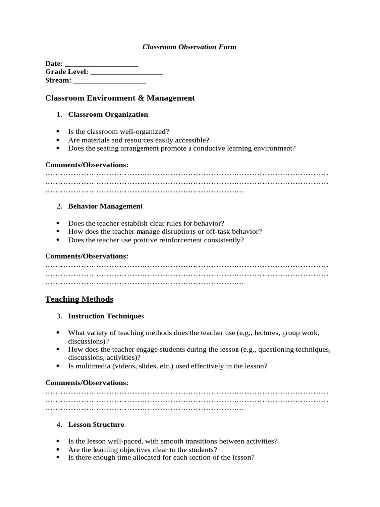 Classroom Observation Checklist Template | PDF | Classroom | Teaching ...