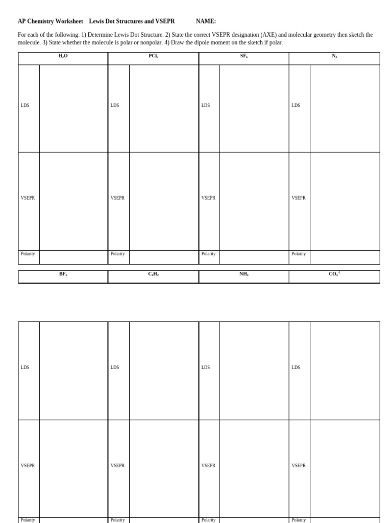 AP Chemistry VSEPR and LDS Worksheet-2 | PDF