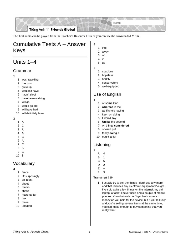 Cumulative Tests A Answer Keys | PDF