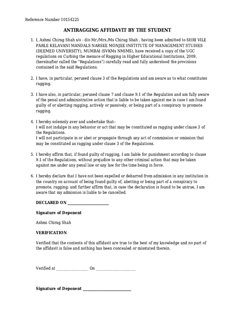 Anti Ragging Affidavit Form | PDF