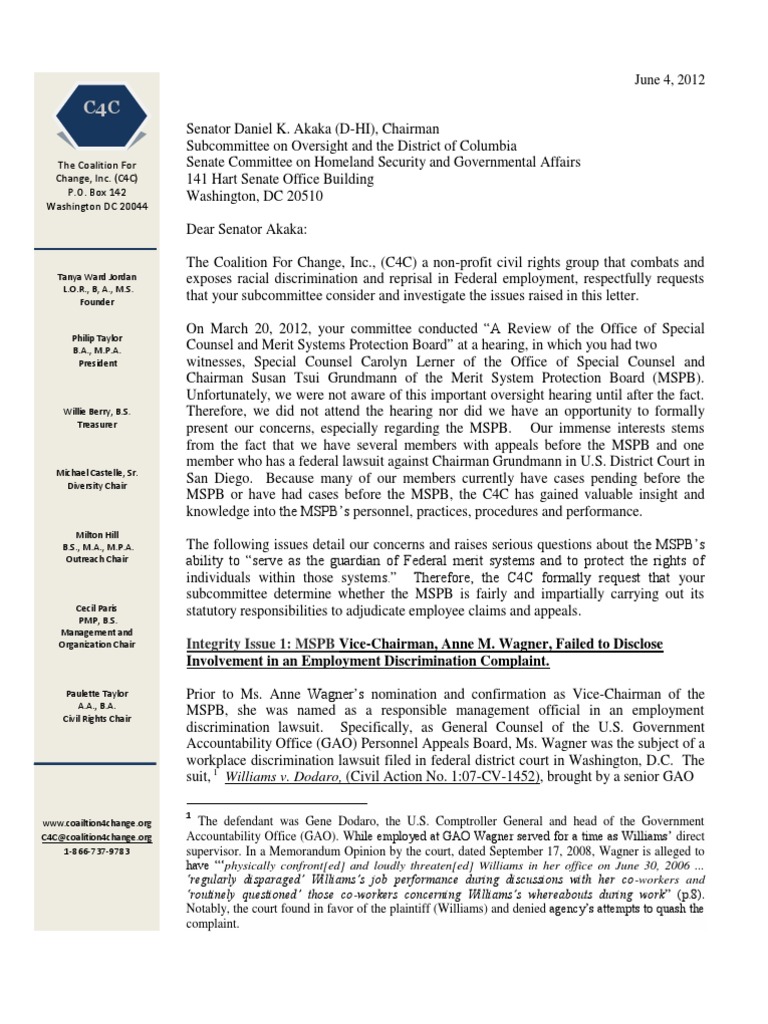 C4C Letter To Sen. Akaka Re: The Merit System Protection Board | Download Free PDF | Pro Se ...