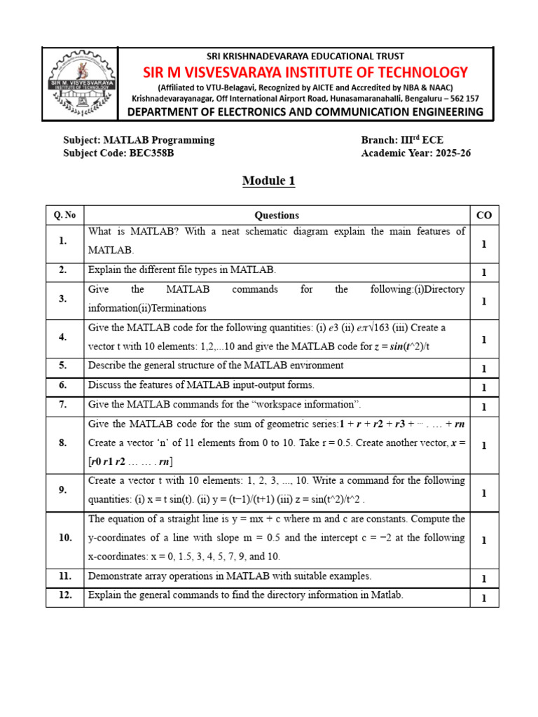 MATLAB Assignment-1 Questions | PDF | Matlab | Matrix (Mathematics)