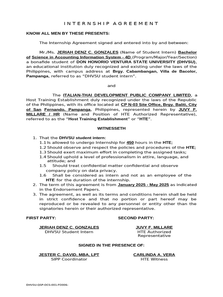 Sample Internship Agreement Form | PDF