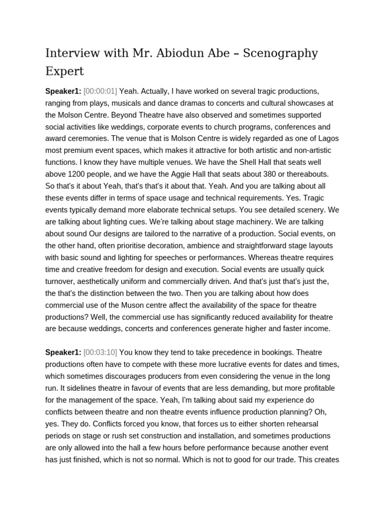 Abiodun Abe Interview Responses | PDF | Theatre
