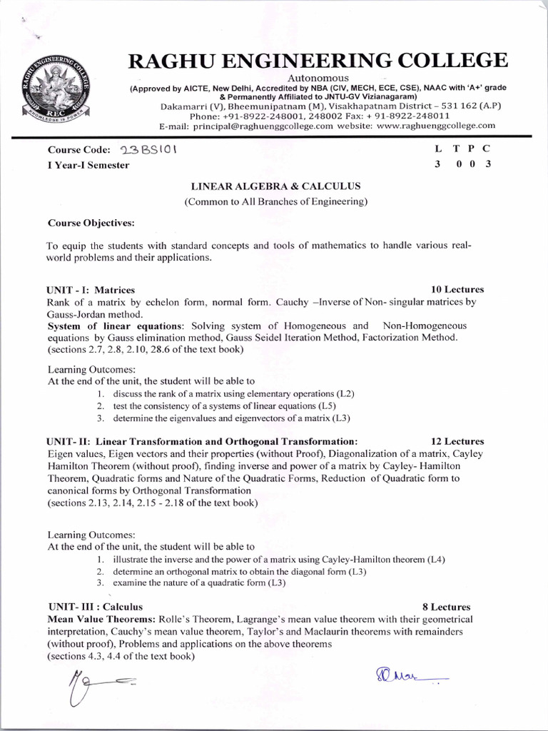 23bs101-Linear Algebra & Calculus | PDF