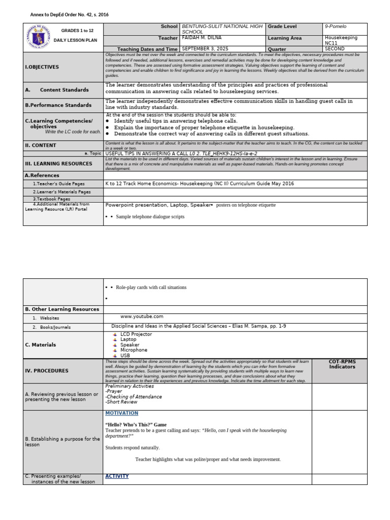 Grade 9 Housekeeping Lesson Plan | PDF | Learning | Curriculum