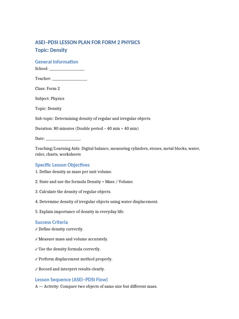 Form 2 Physics Lesson Plan: Density | PDF