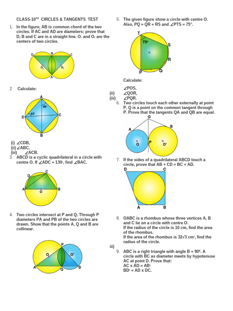 Class 10 Circles and Tangents Test | PDF | Circle | Area
