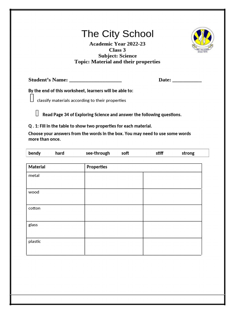 Class 3 Science: Materials & Properties Worksheet | PDF