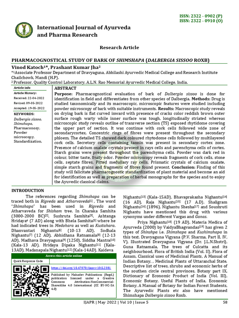 Pharmacognostical Study of Shimshapa Bark | PDF | Ayurveda | Botany