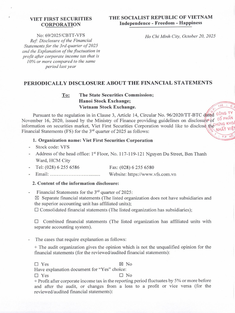 69 - 20251020 - VFS - Disclosure of The 3rd Quarter of 2025 Separate ...