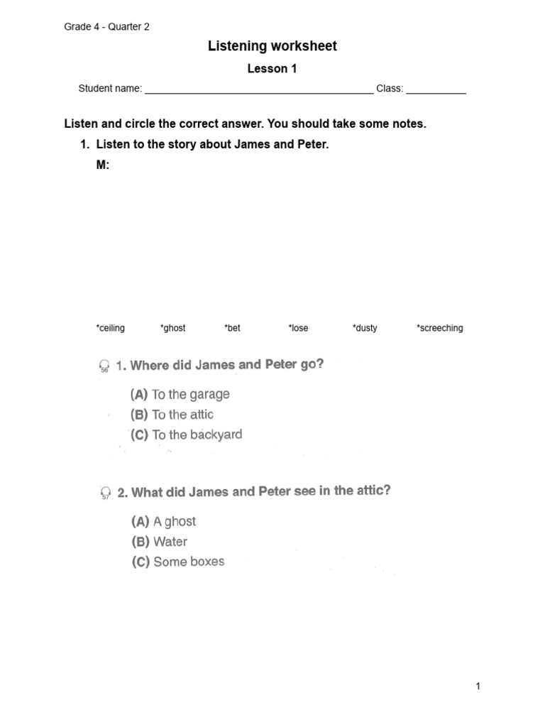 W16 - G4 ELA - Listening Worksheet - Lesson 1 Quarter 2 | PDF