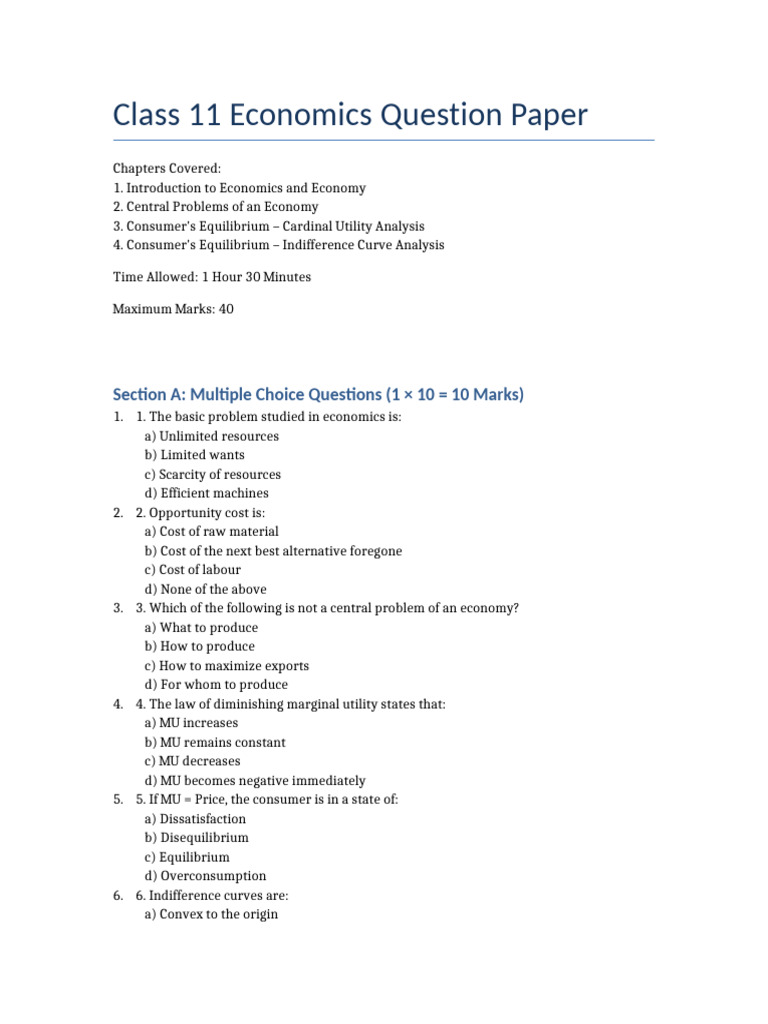 Class 11 Economics Question Paper | PDF | Utility | Economics