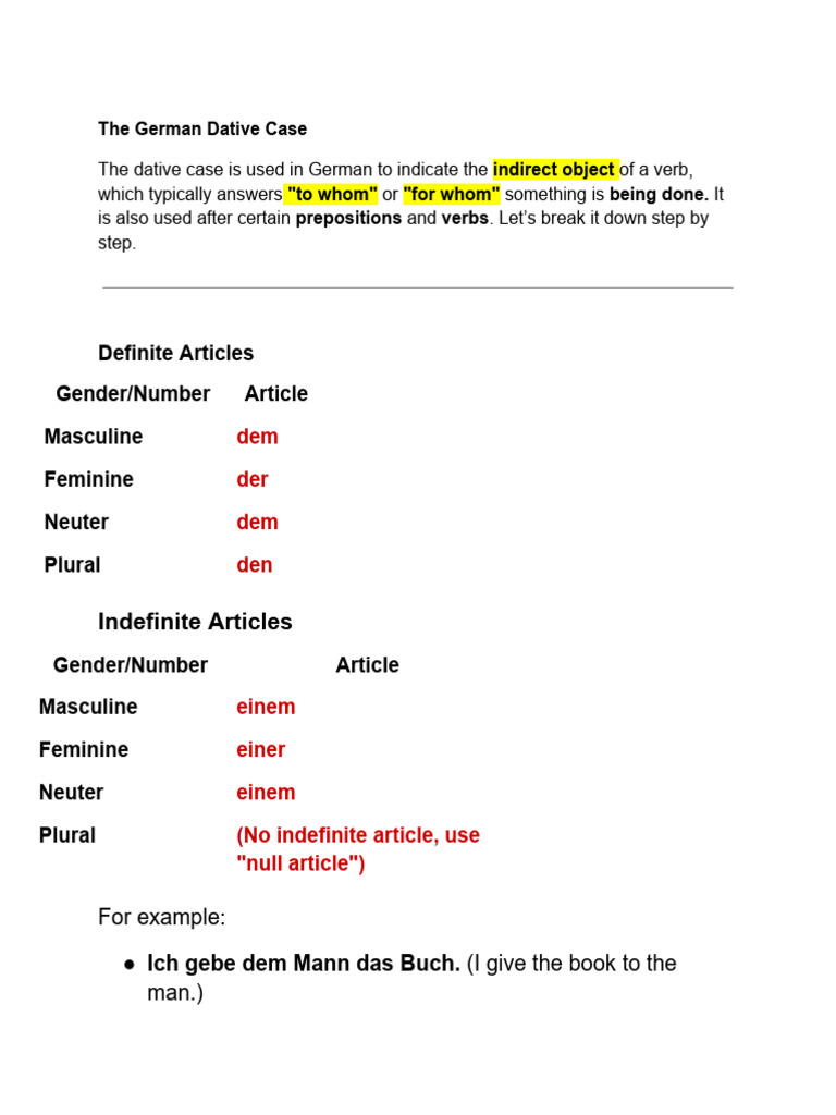 Notes On The German Dative Case | PDF | Languages | Foreign Language ...