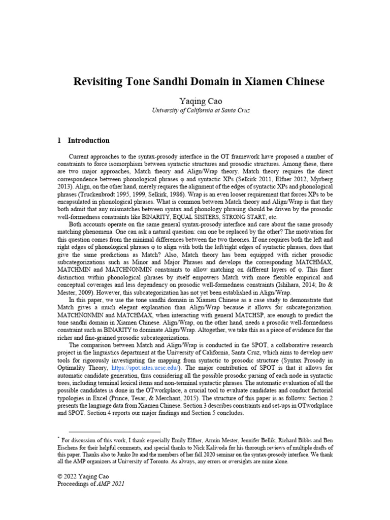 Tone Sandhi in Xiamen Chinese Analysis | PDF | Syllable | Tone ...