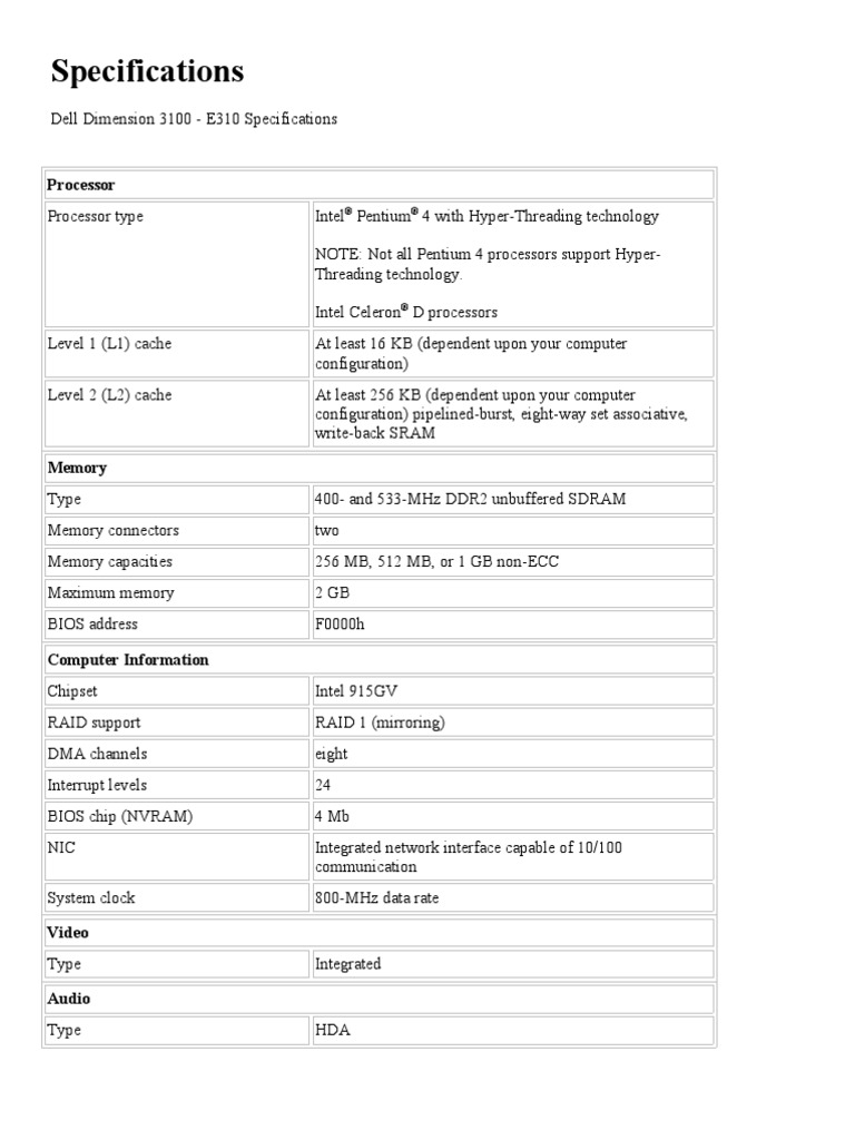 Dell Dimension 3100 - E310 Specifications | Usb | Computer Hardware