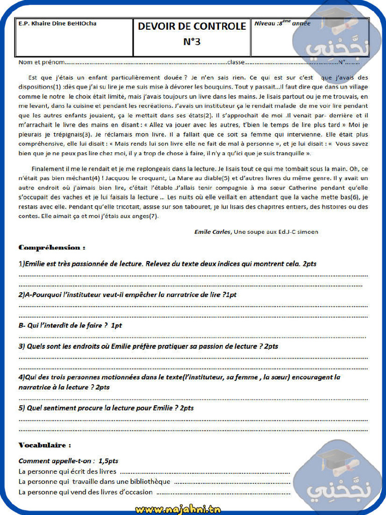 Devoir-de-Controle-N°3-Francais-8eme-annee | PDF